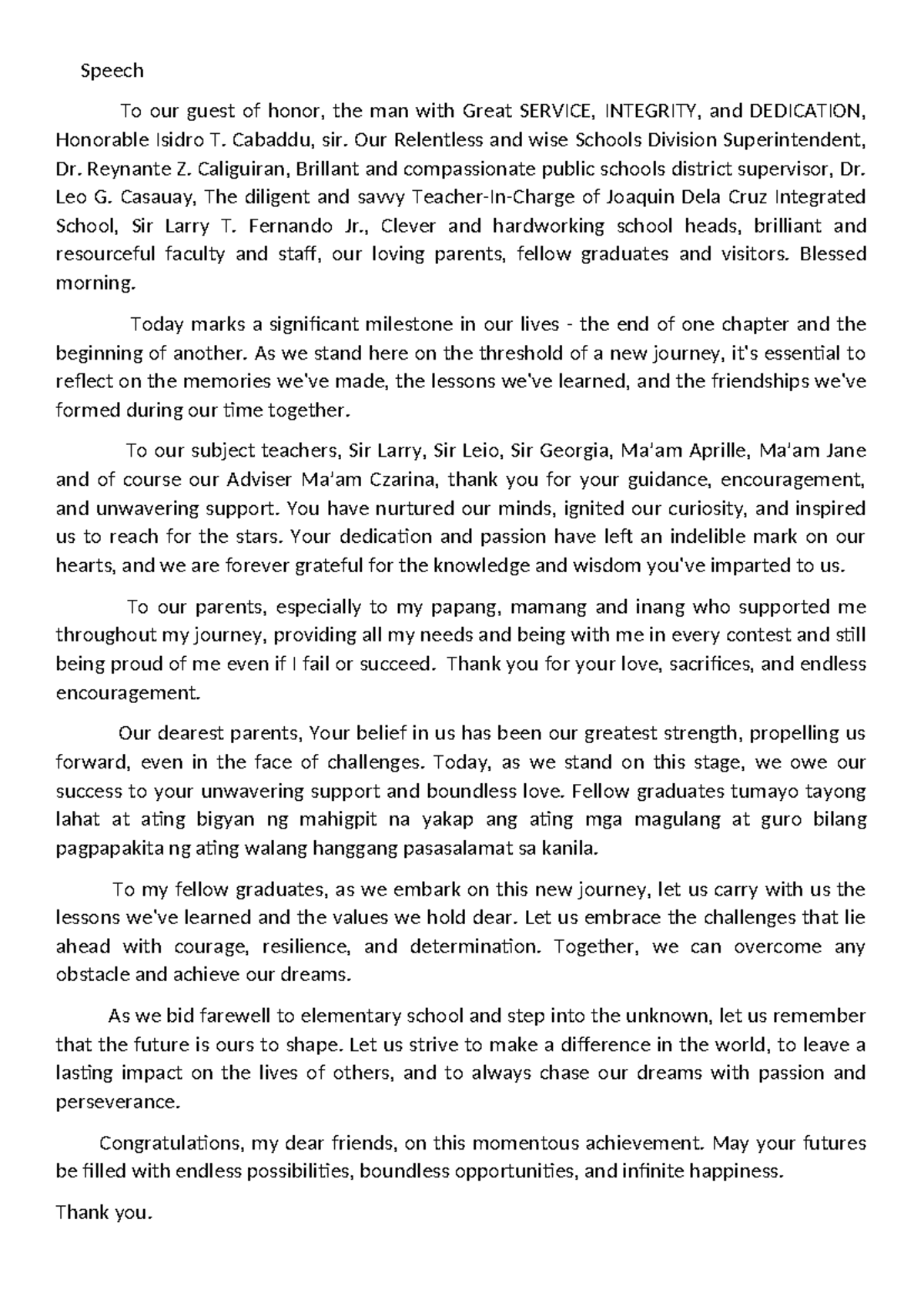 Speech - Speech To our guest of honor, the man with Great SERVICE ...