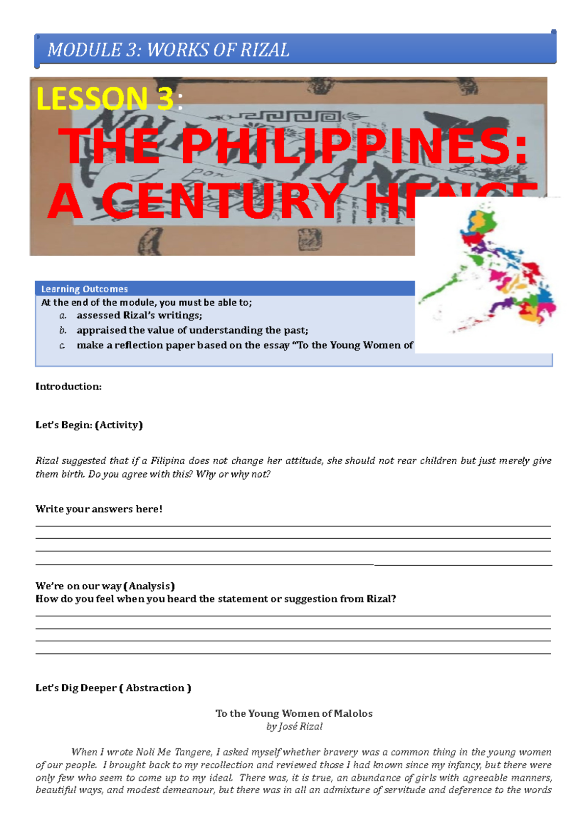 Rizal Lesson 3 - for class discussion - LESSON 3: THE PHILIPPINES: A ...