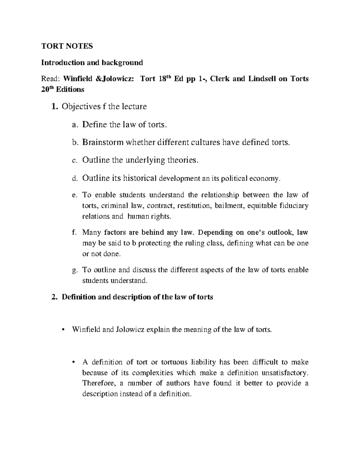 TORT 1 Notes - TORT NOTES Introduction and background Read: Winfield ...