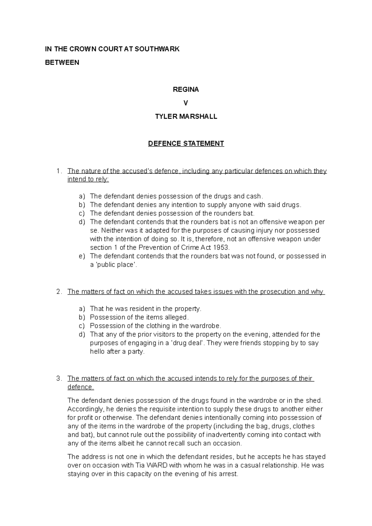 21. BTC Crime W6 Defence Statement - Marshall - IN THE CROWN COURT AT ...