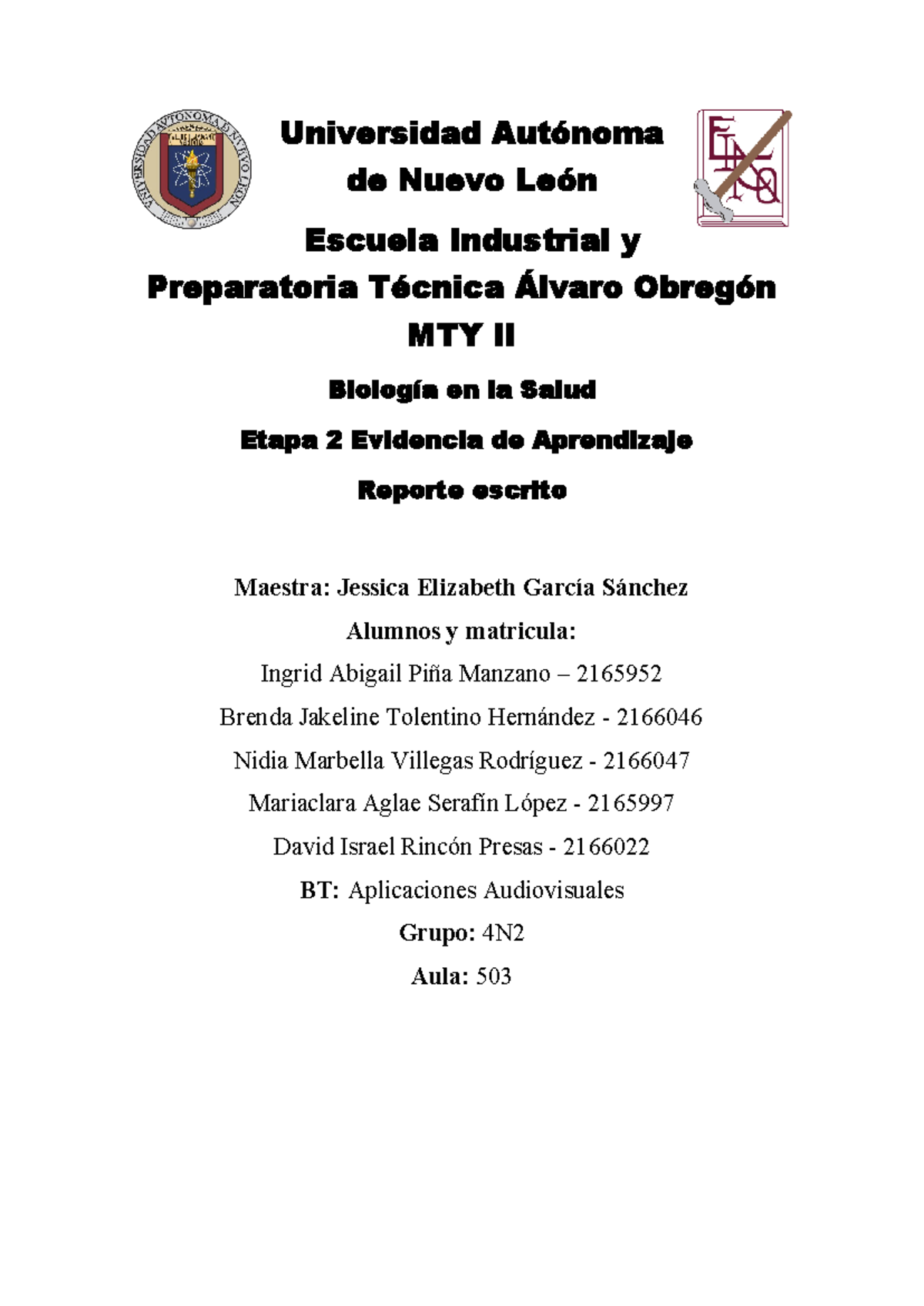 Bio. sal EA E2 - Universidad Autónoma de Nuevo León Escuela Industrial ...