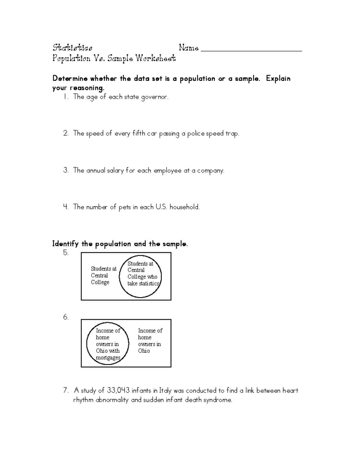 Pop vs sample wkst - Sampling - Statistics Name ...