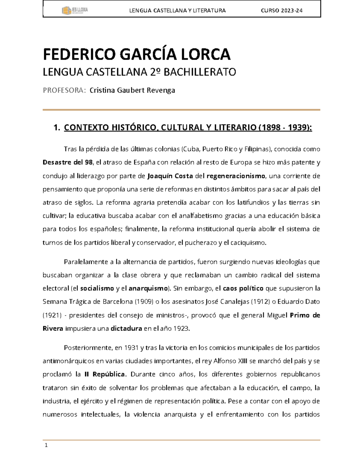 Apuntes de clase Lorca - LENGUA CASTELLANA Y LITERATURA CURSO 2023- 24 ...