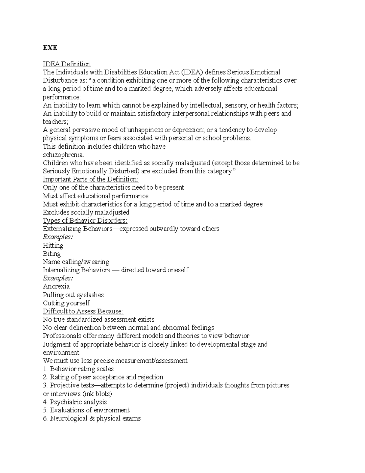 EXE 100 Class Notes - EXE IDEA Definition The Individuals with ...