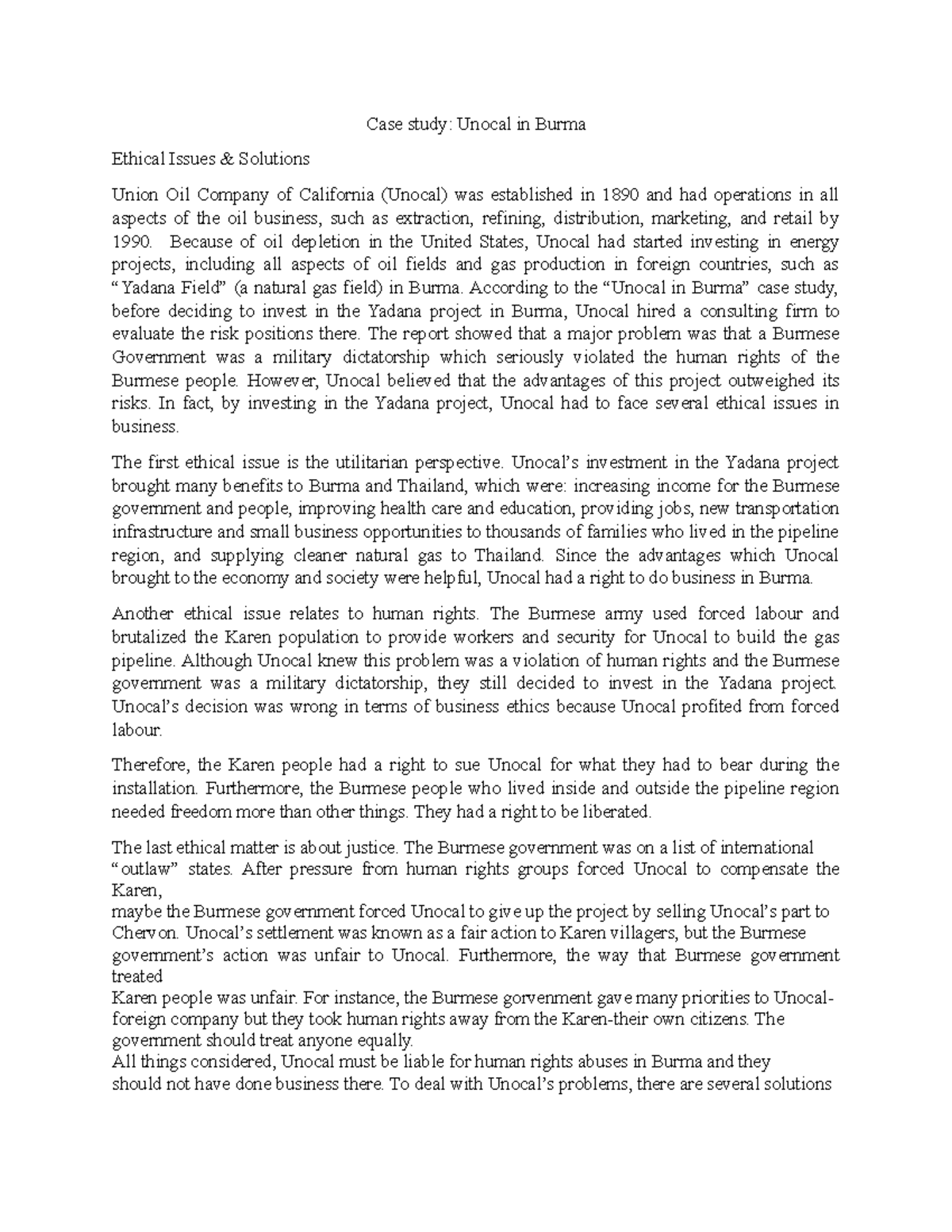 Case study - Lecture Notes - Case study: Unocal in Burma Ethical Issues ...