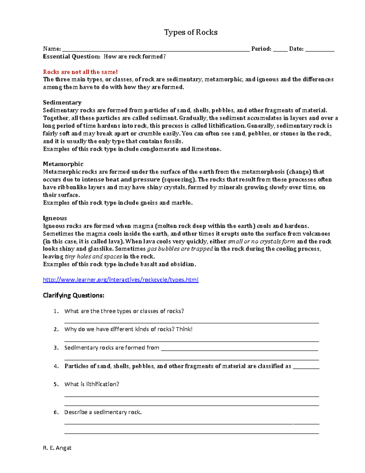 Types of Rocks WS - Lecture Notes - R. E. Angat Types of Rocks Name ...