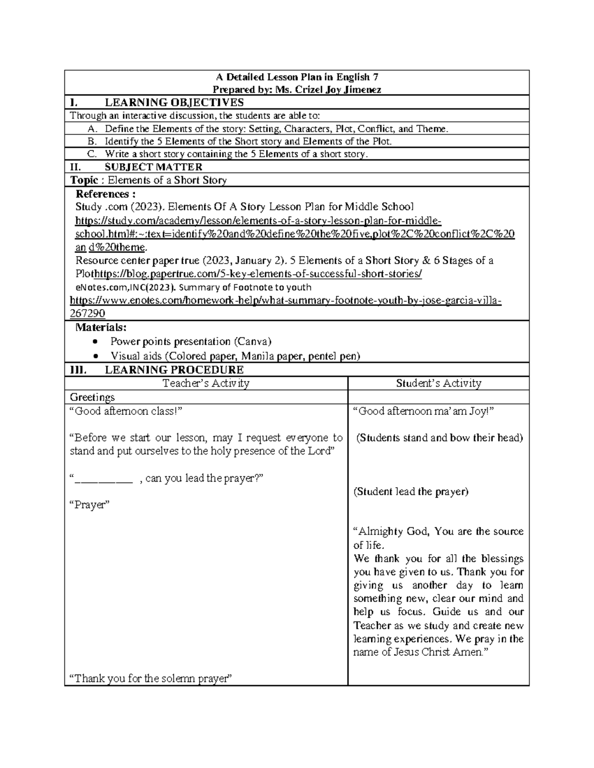 DLP Final - lesson plan - A Detailed Lesson Plan in English 7 Prepared ...