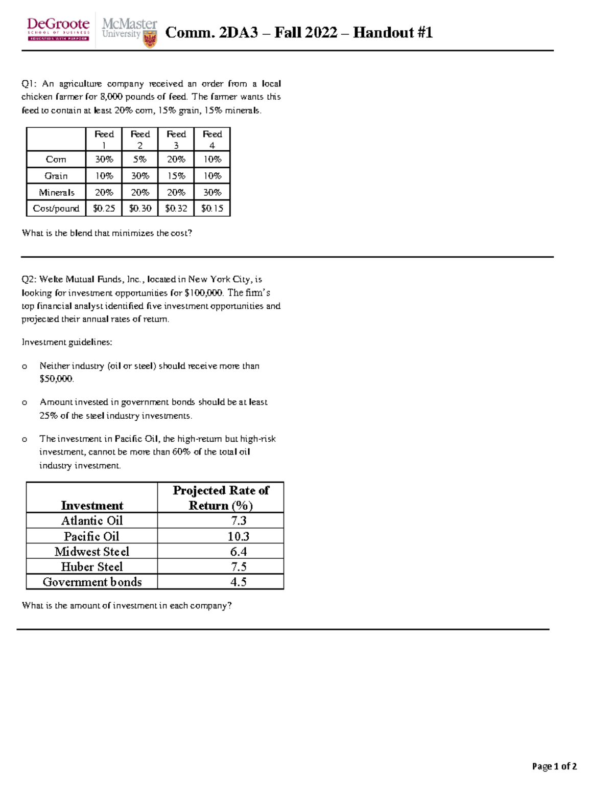 Comm 2DA3-Handout 1 - Fall 2022 Midterm 1 Handout with linear programming - Comm. 2DA3 – Fall ...