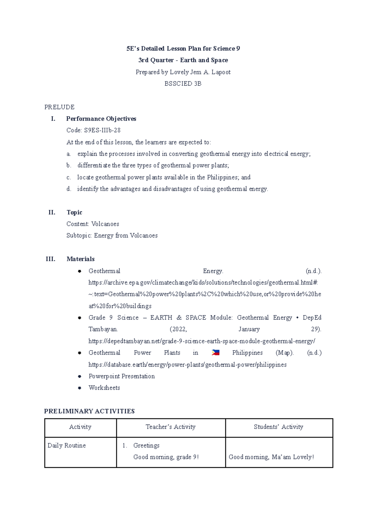 Lesson Plan in Geothermal Energy - 5E’s Detailed Lesson Plan for ...