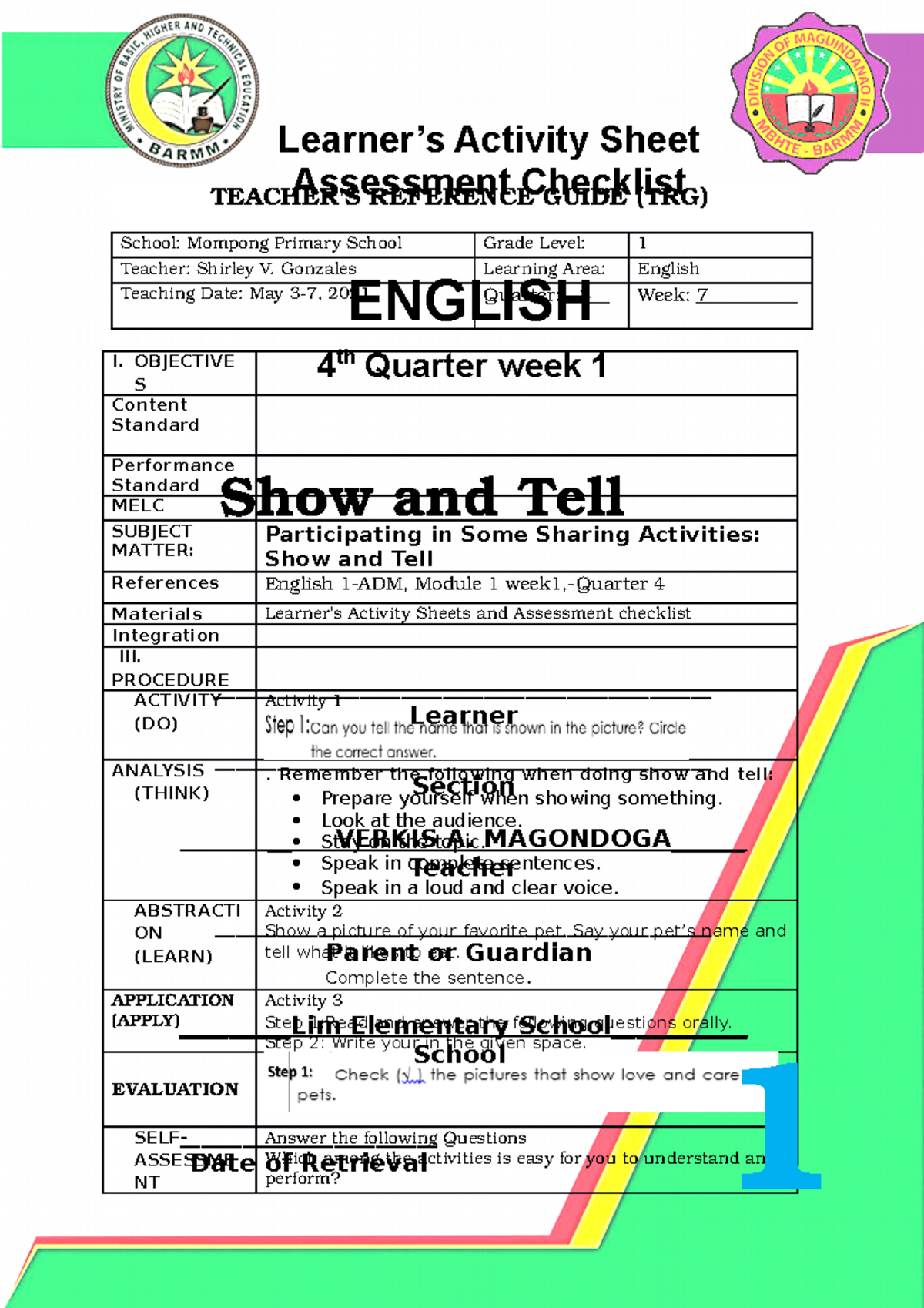 4th english week1 - Copy - ####### TEACHER'S REFERENCE GUIDE (TRG ...
