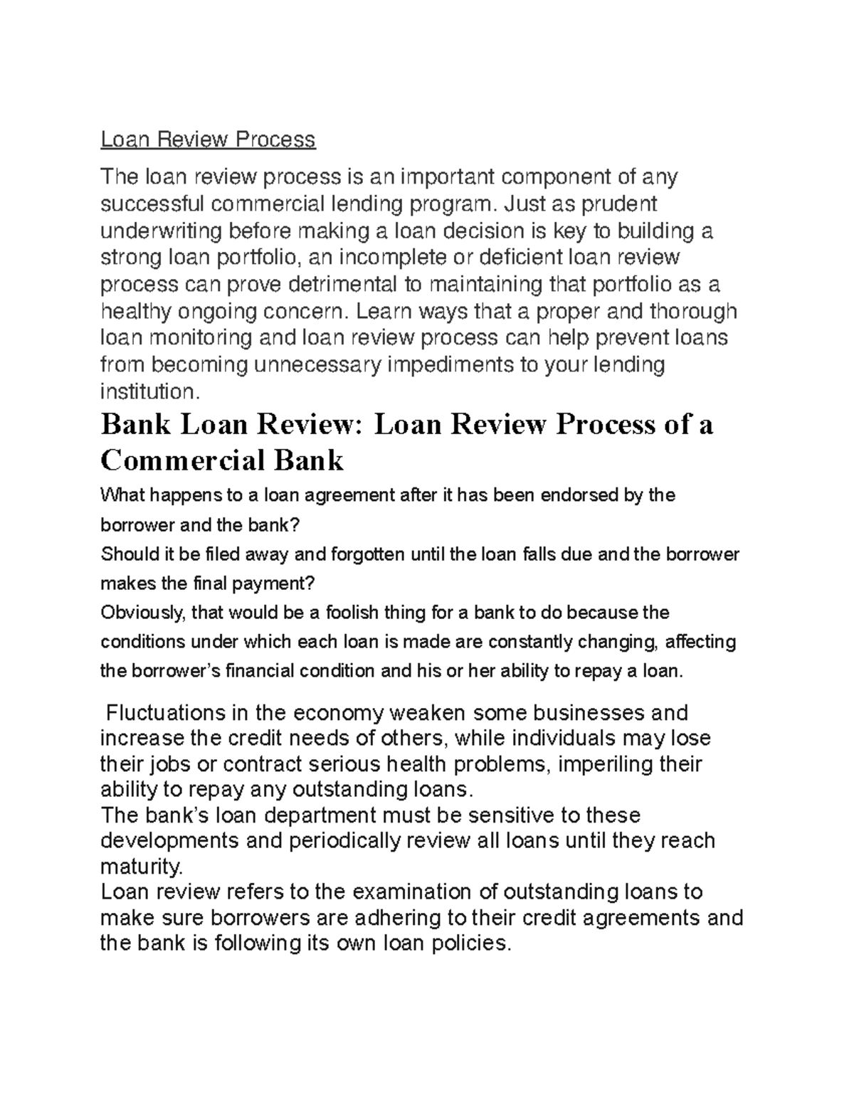 Credit review - Lecture notes 1 - Loan Review Process The loan review ...