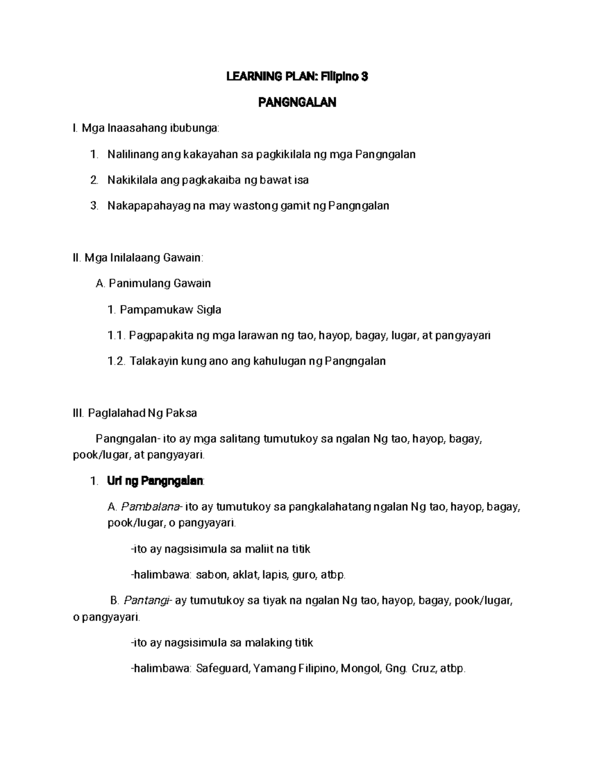 Learning-PLAN filipino 1-pdf - LEARNING PLAN: Filipino 3 PANGNGALAN I ...