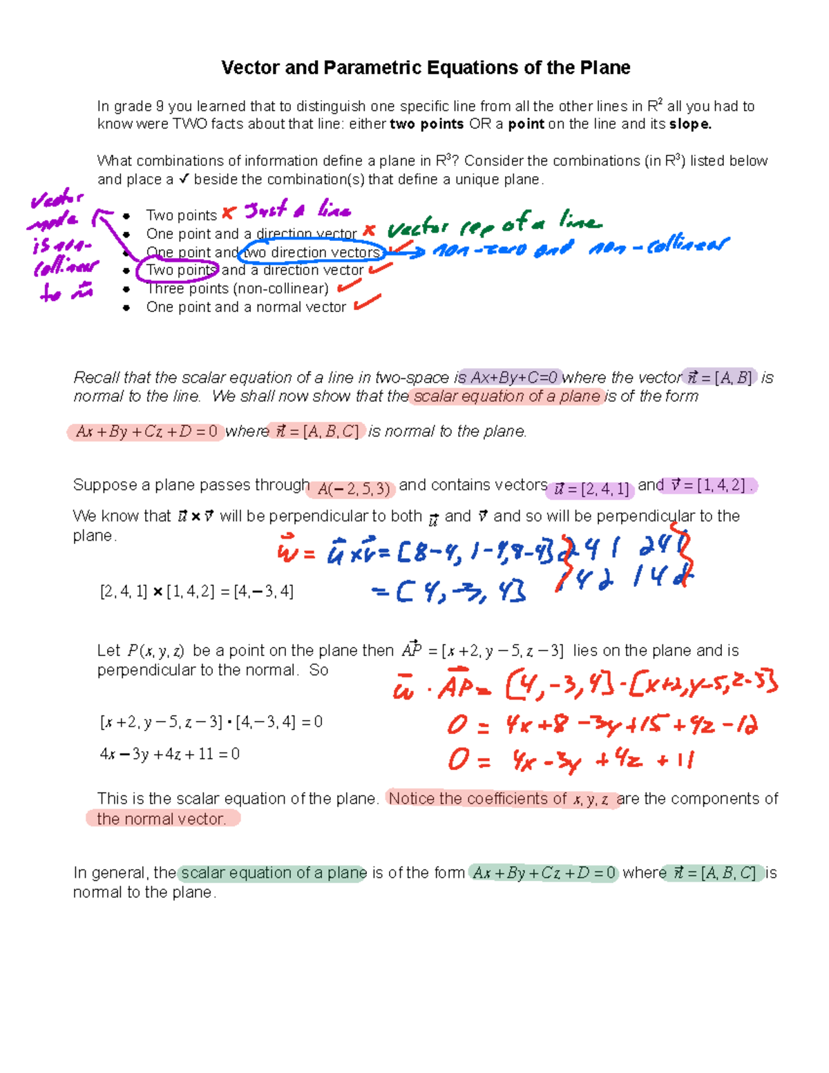 06A Equations of Planes - Vector and Parametric Equations of the Plane ...