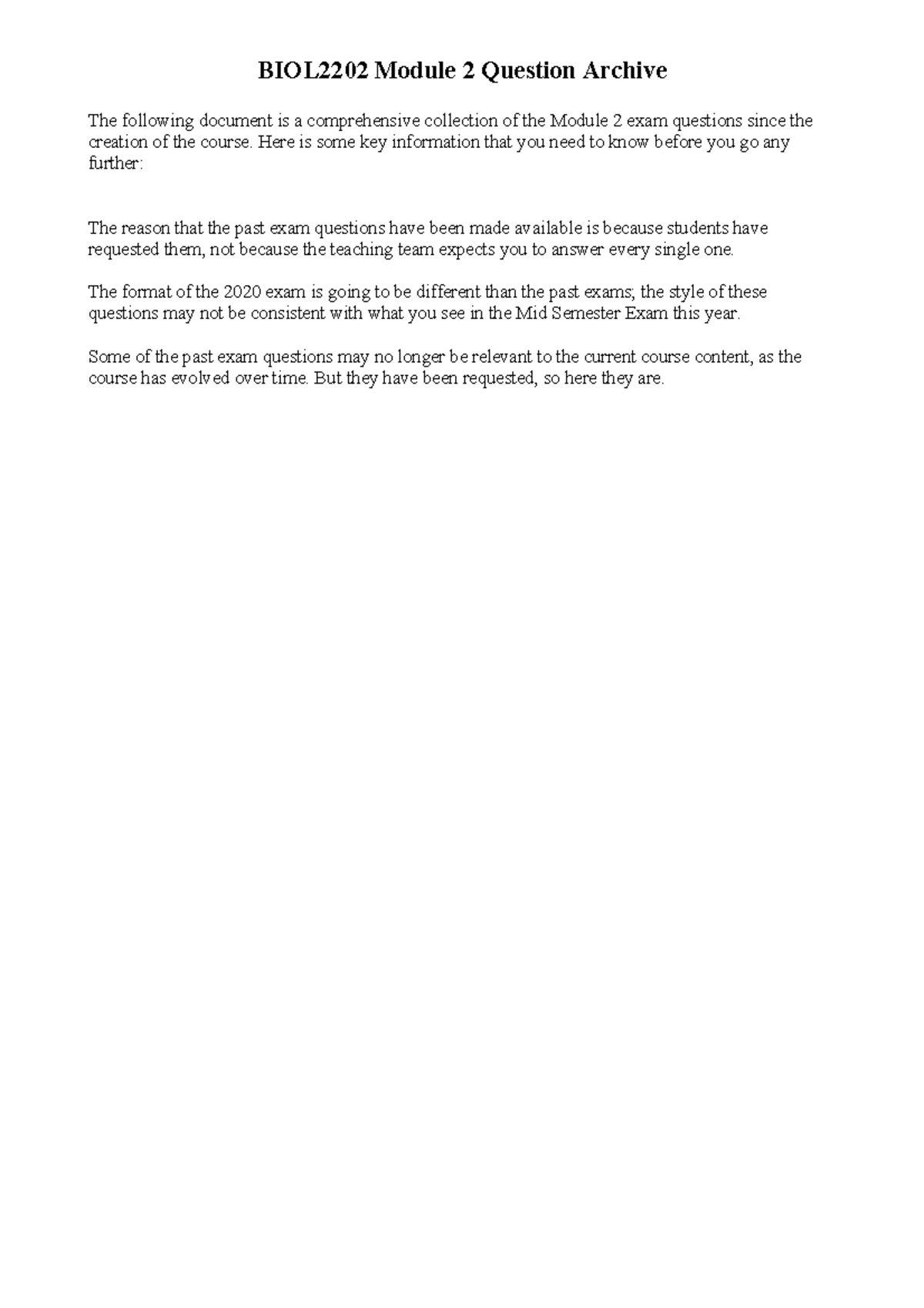 2020 BIOL2202 Module 2 question archive - The following document is a ...