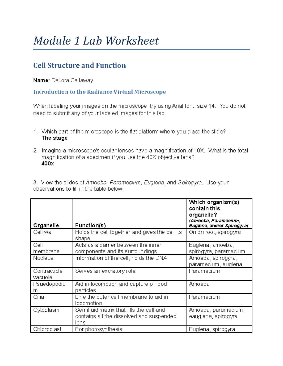 Dakota Callaway L1Worksheet - Module 1 Lab Worksheet Cell Structure and Function Name : Dakota ...