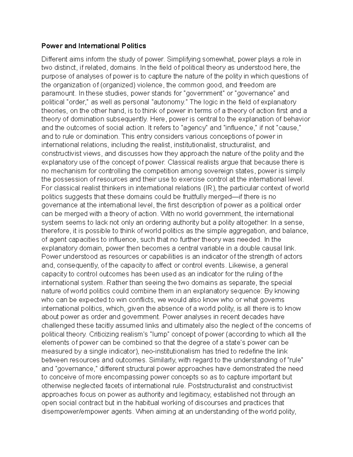 Power and International Politics - Power and International Politics ...