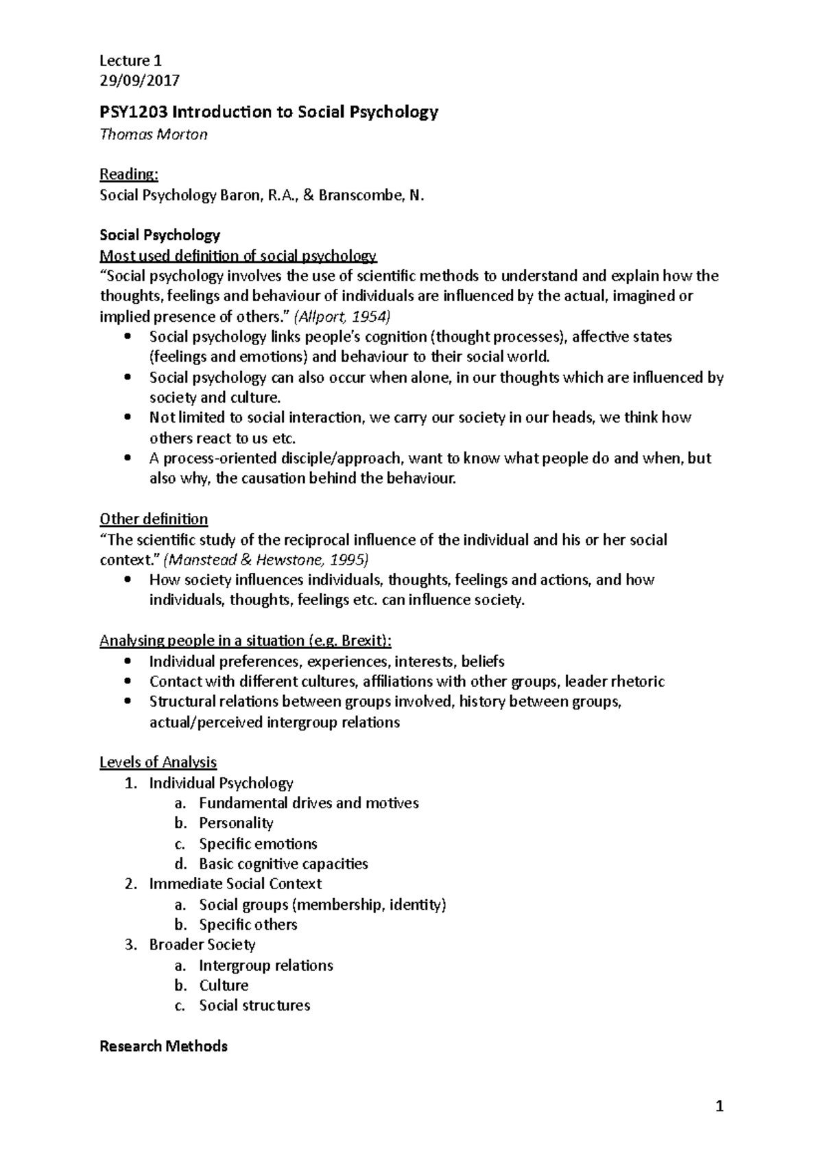 Introduction & Research Methods - Lecture 1 29/09/ PSY1203 Introduction ...