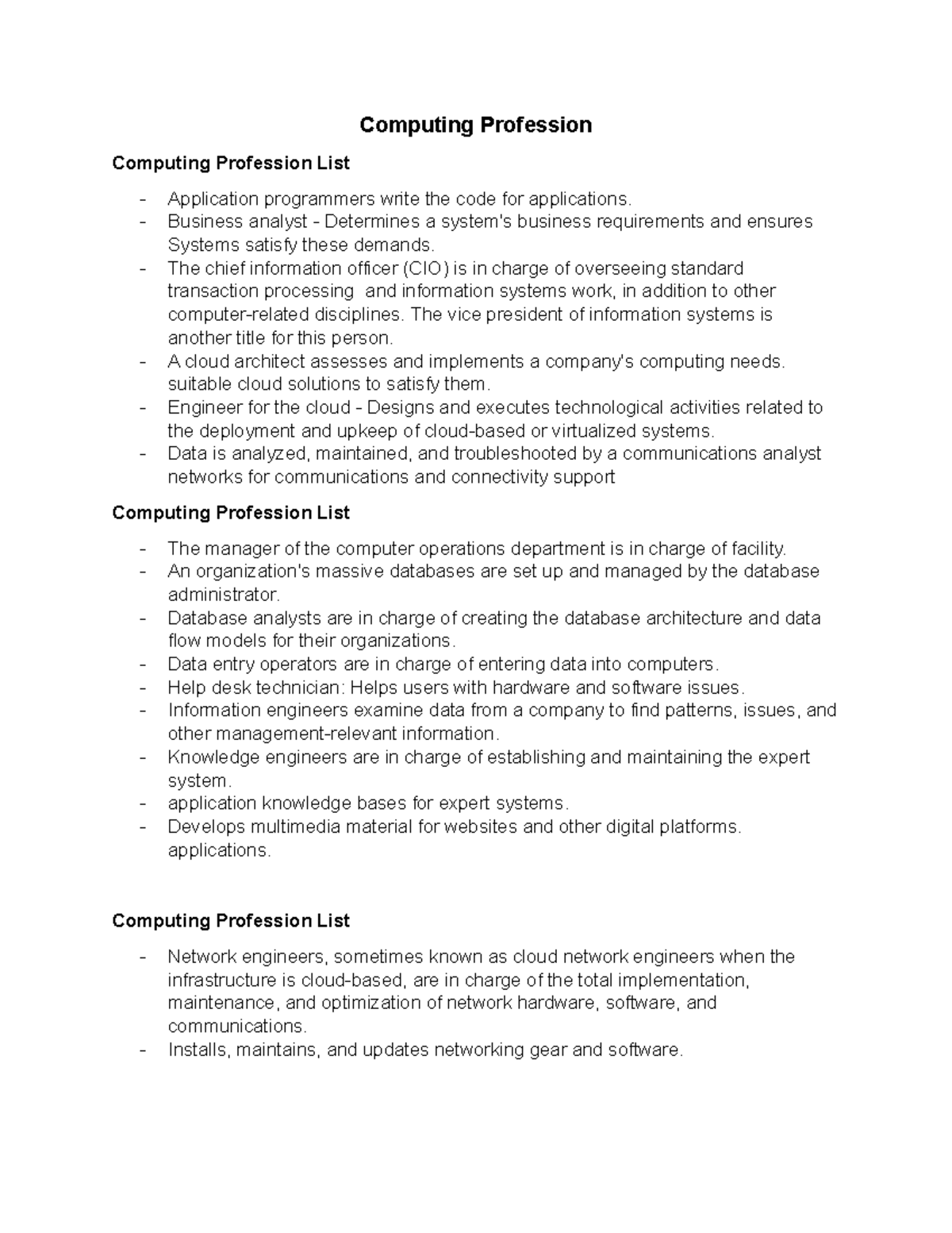 Computing Profession - Computing Profession Computing Profession List Application programmers ...