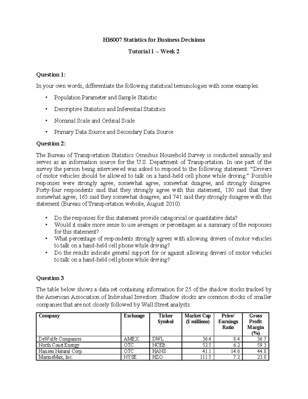 Tutorial 1 Week 2 - Lecture notes 1 - HI6007 Statistics for Business ...