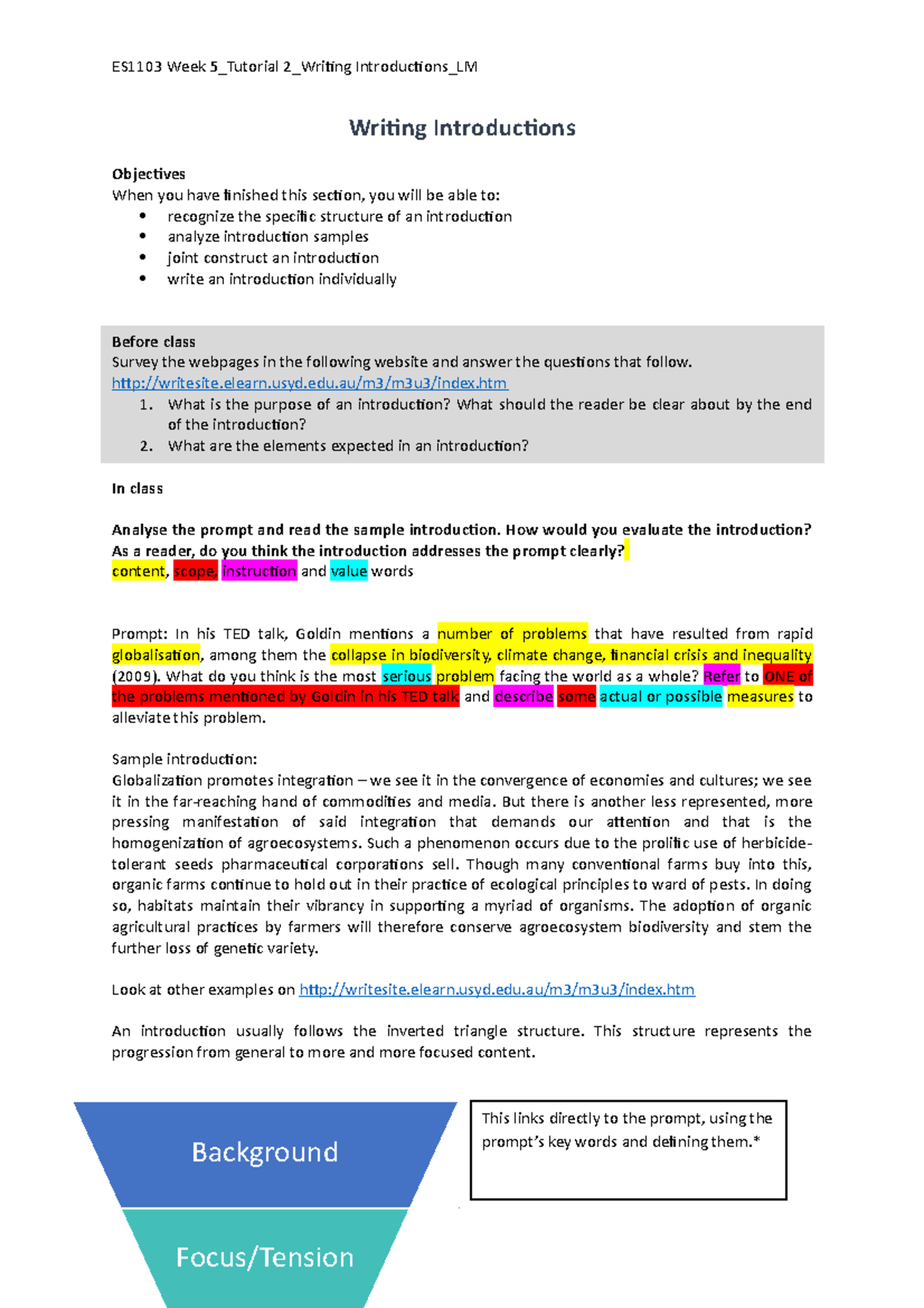 ES1103 Week 5 Tutorial 2 Writing Introductions - Background Focus ...