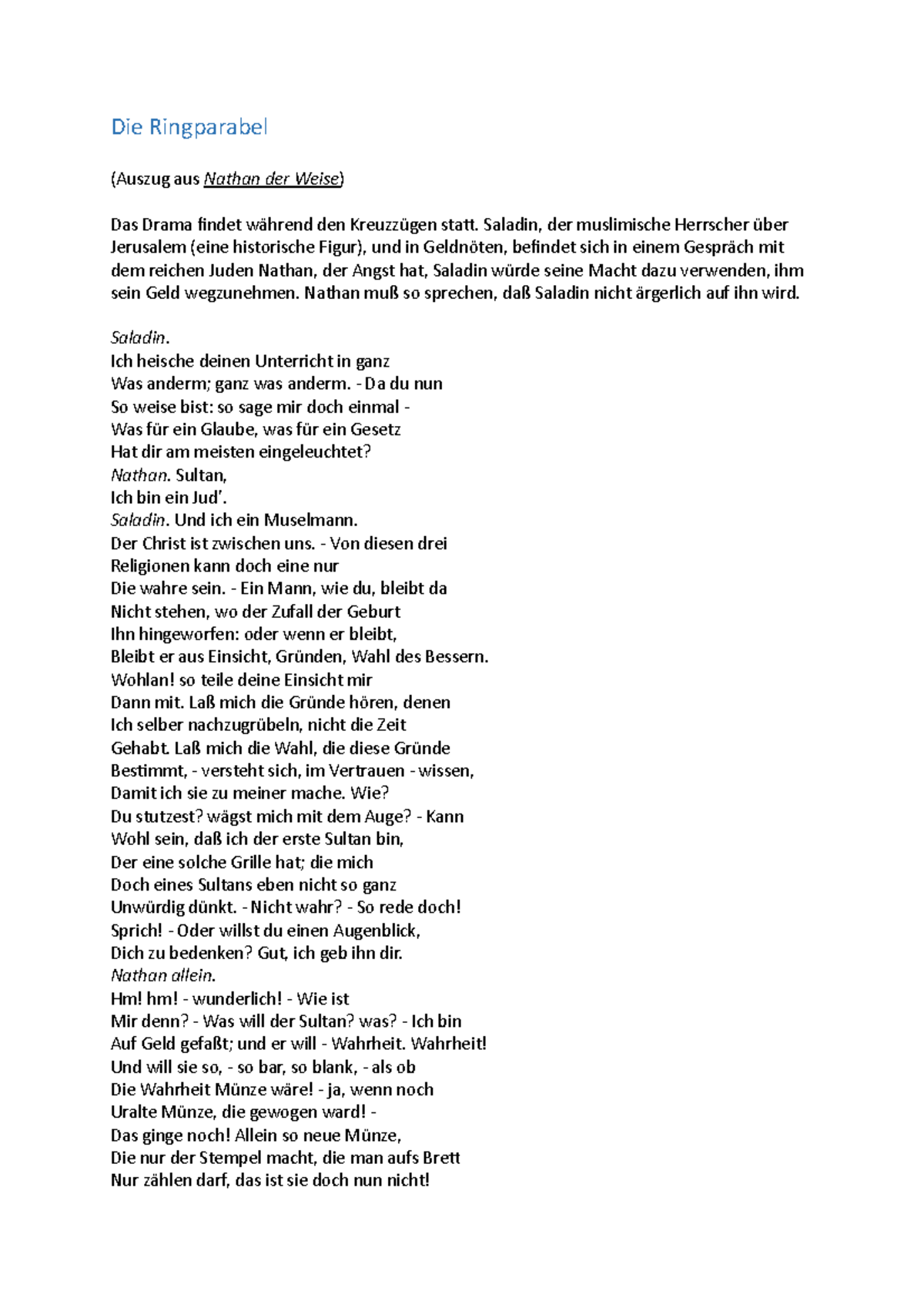 Die Ringparabel tekst - College-aantekeningen 1 - Die Ringparabel ...