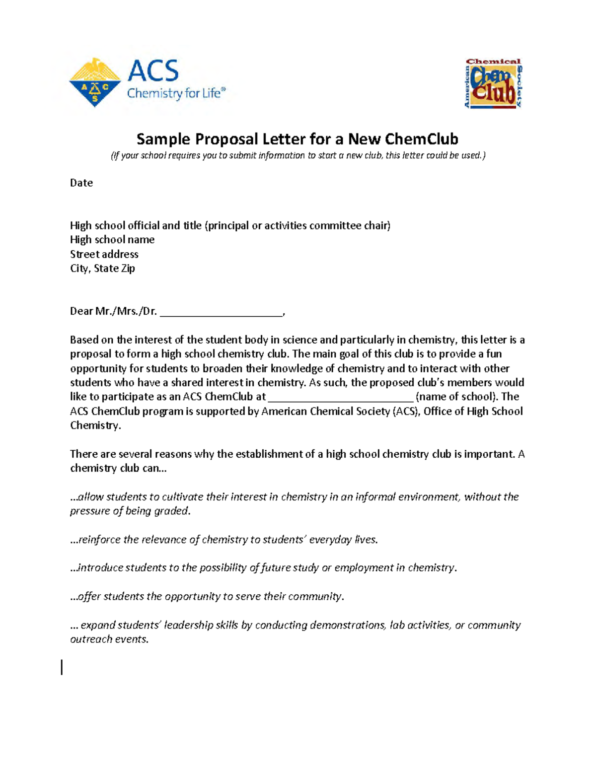 Sample-proposal-letter - Sample Proposal Letter for a New ChemClub (If ...