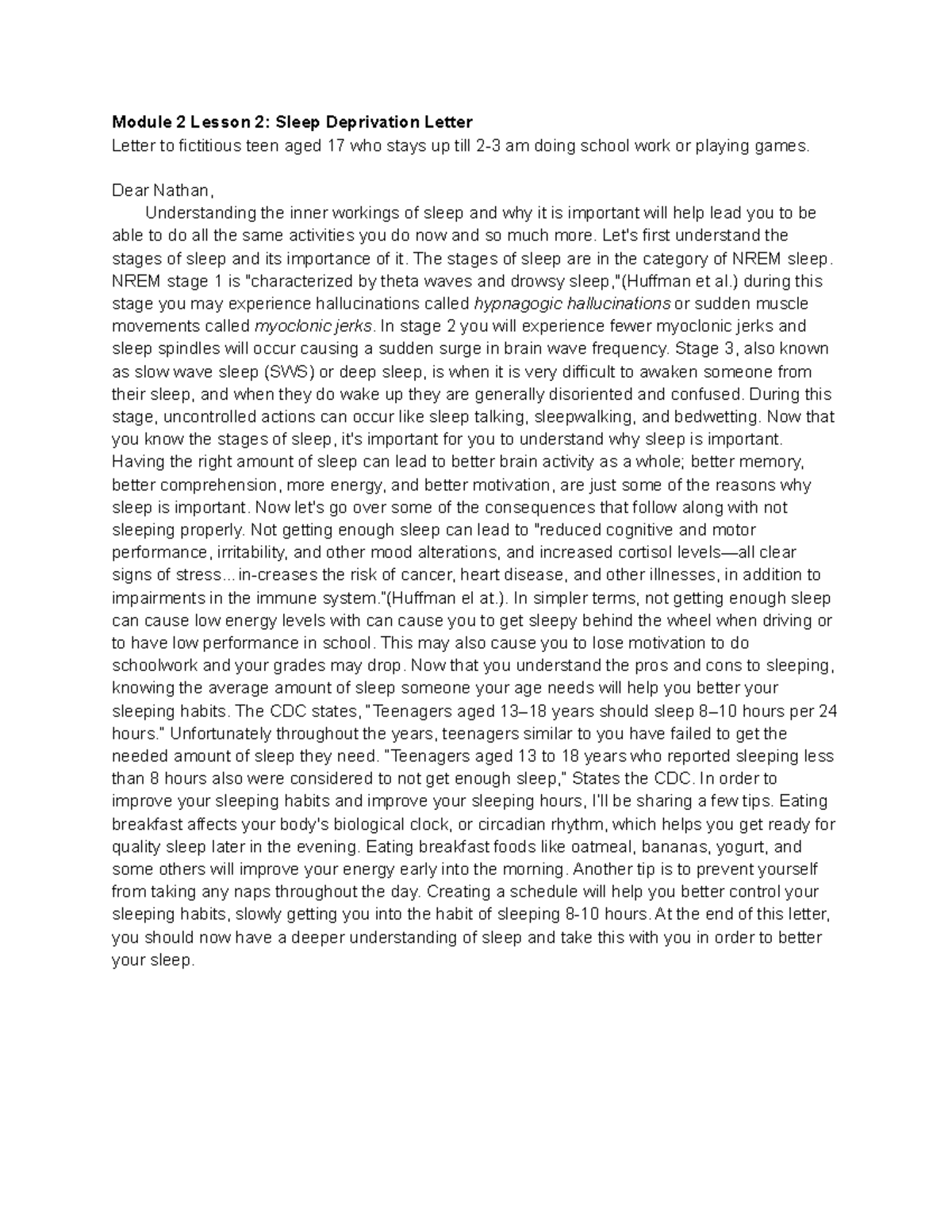 PSY 121 Sleep deprivation letter - Module 2 Lesson 2: Sleep Deprivation ...