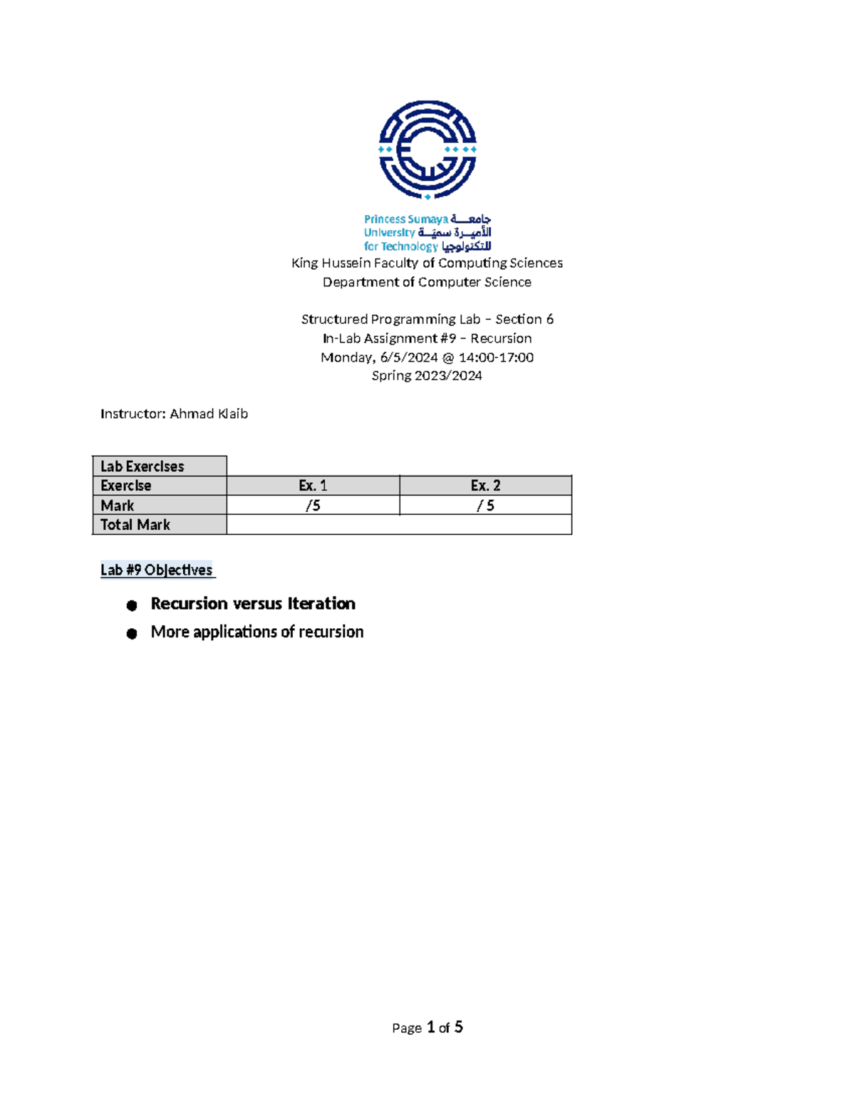SP-In Lab 09-Sec6 - King Hussein Faculty of Computing Sciences ...