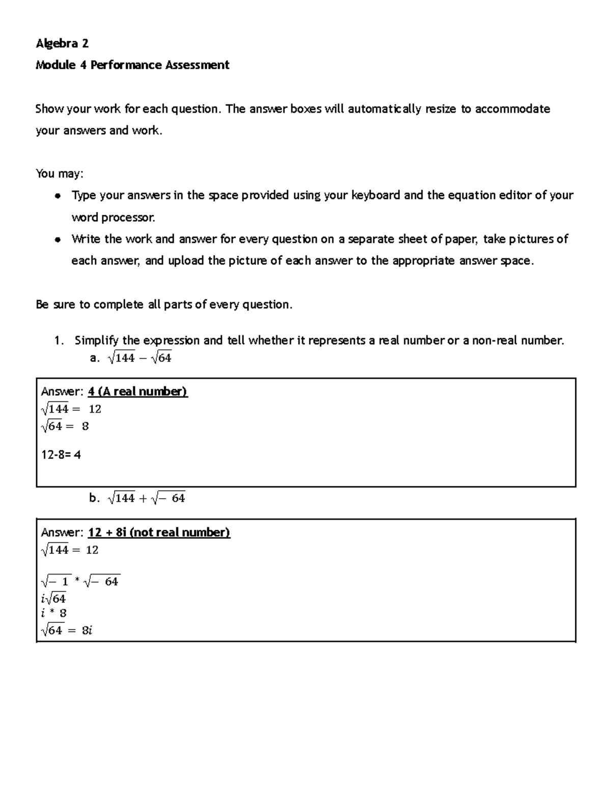Module 4 Performance Assessment - Algebra 2 Module 4 Performance ...