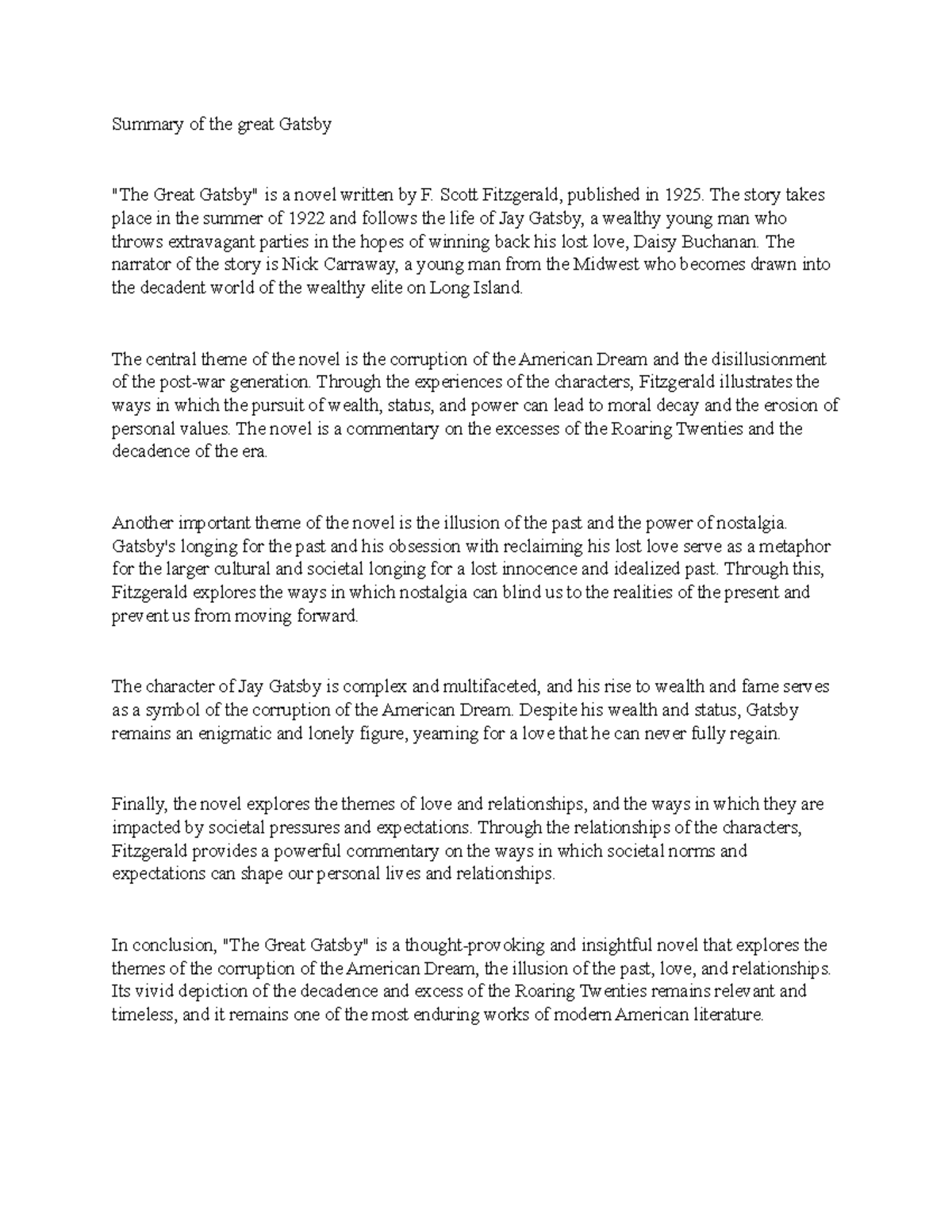 Summary the great gatsby - Summary of the great Gatsby "The Great ...