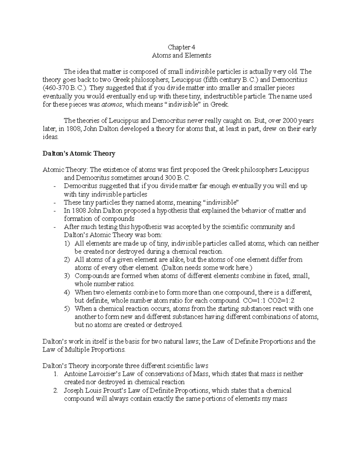 Chapter 4 - Chapter 4 Atoms and Elements The idea that matter is ...