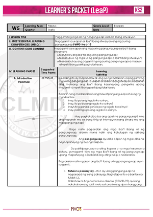 Lea P-Filipino-G6-Week 1-Q3 - W- Learning Area Filipino VI Grade Level ...