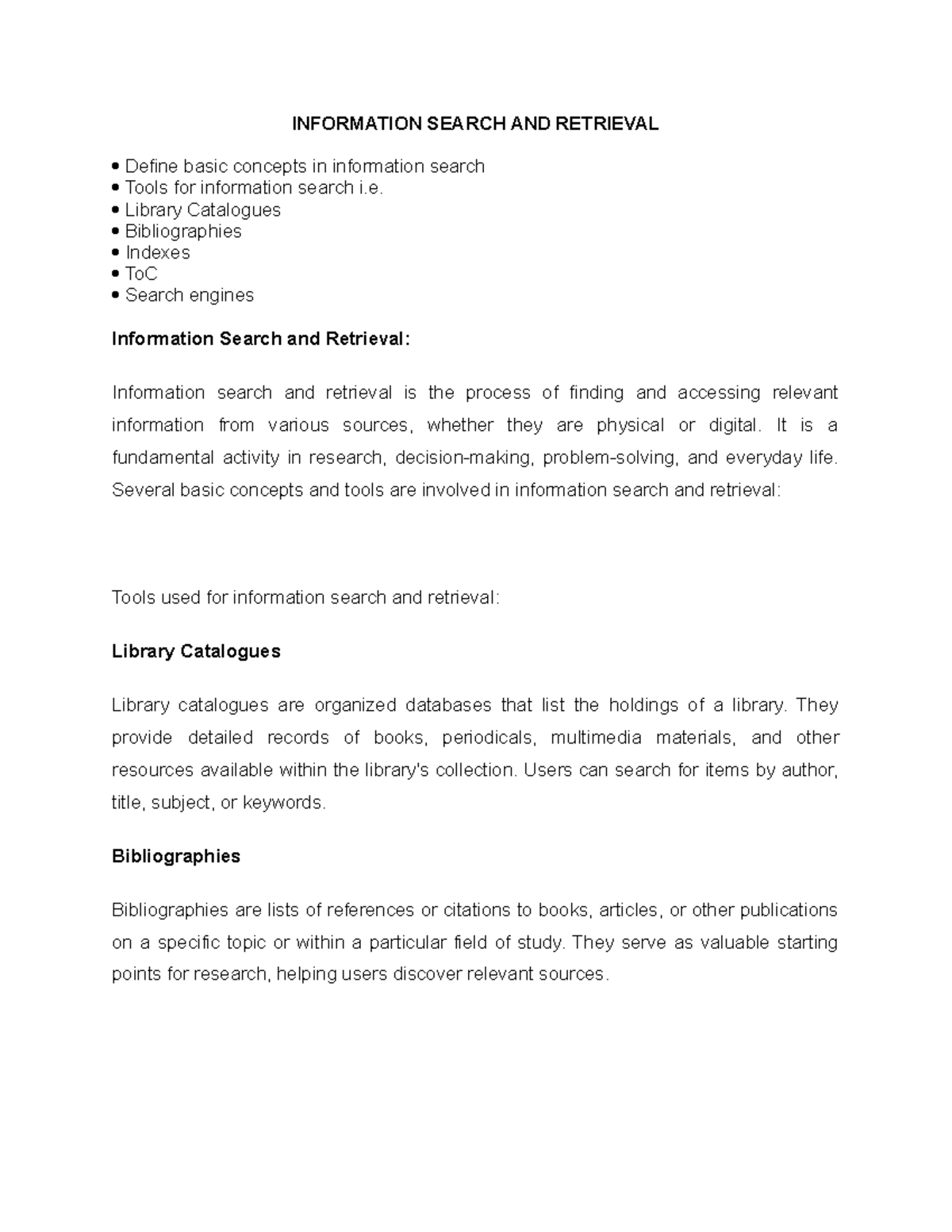 Information Search AND Retrieval - INFORMATION SEARCH AND RETRIEVAL Define basic concepts in ...