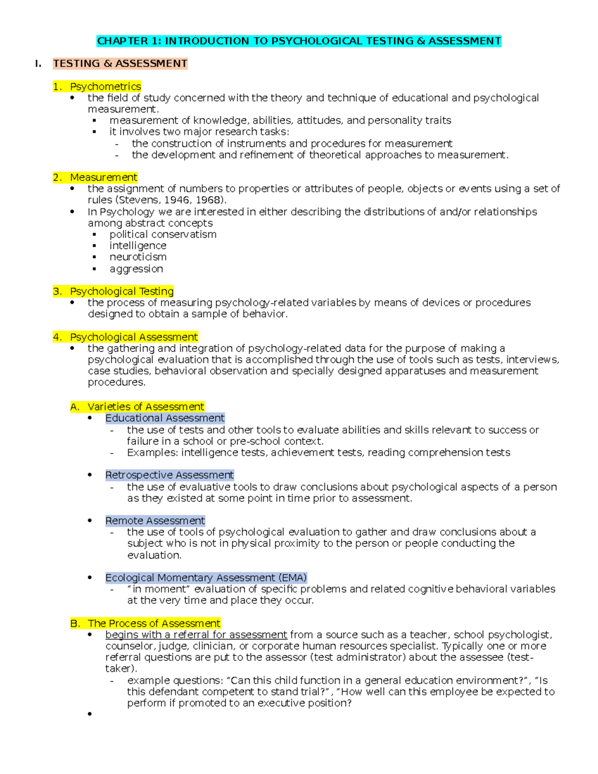 Psych Assessment Chap 1 Reviewer TBC - CHAPTER 1: INTRODUCTION TO ...