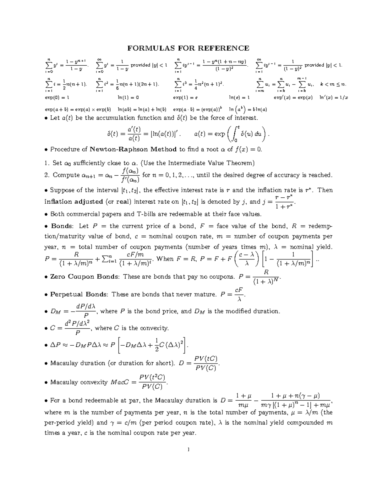 QF2104 2324S1 Midterm Test formula sheet - FORMULAS FOR REFERENCE ∑ n i ...