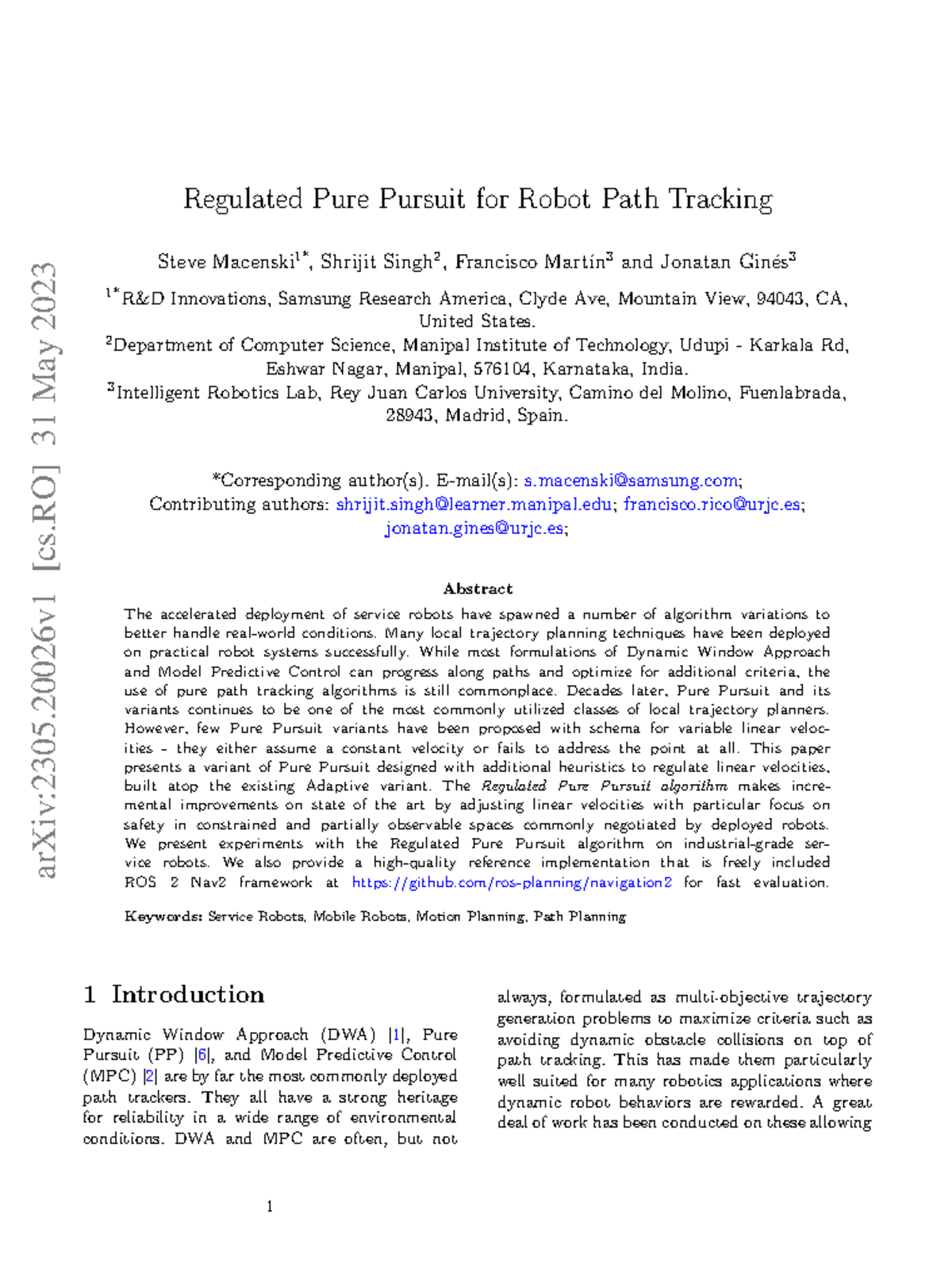 Regulated Pure Pursuit for Robot Path Tracking - 2 Department of ...