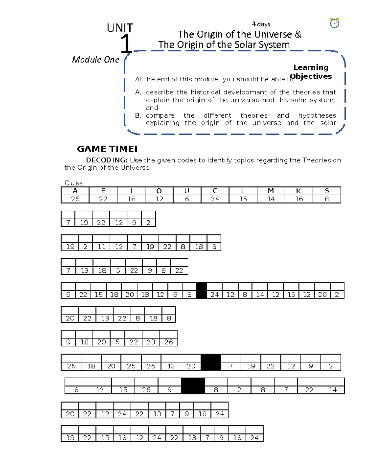 UNIT 1A Origin of the Universe and the Solar System - DECODING: Use the ...