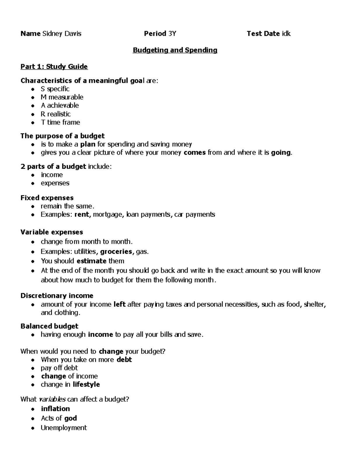 Copy of Budgeting Wise Review - Name Sidney Davis Period 3Y Test Date ...
