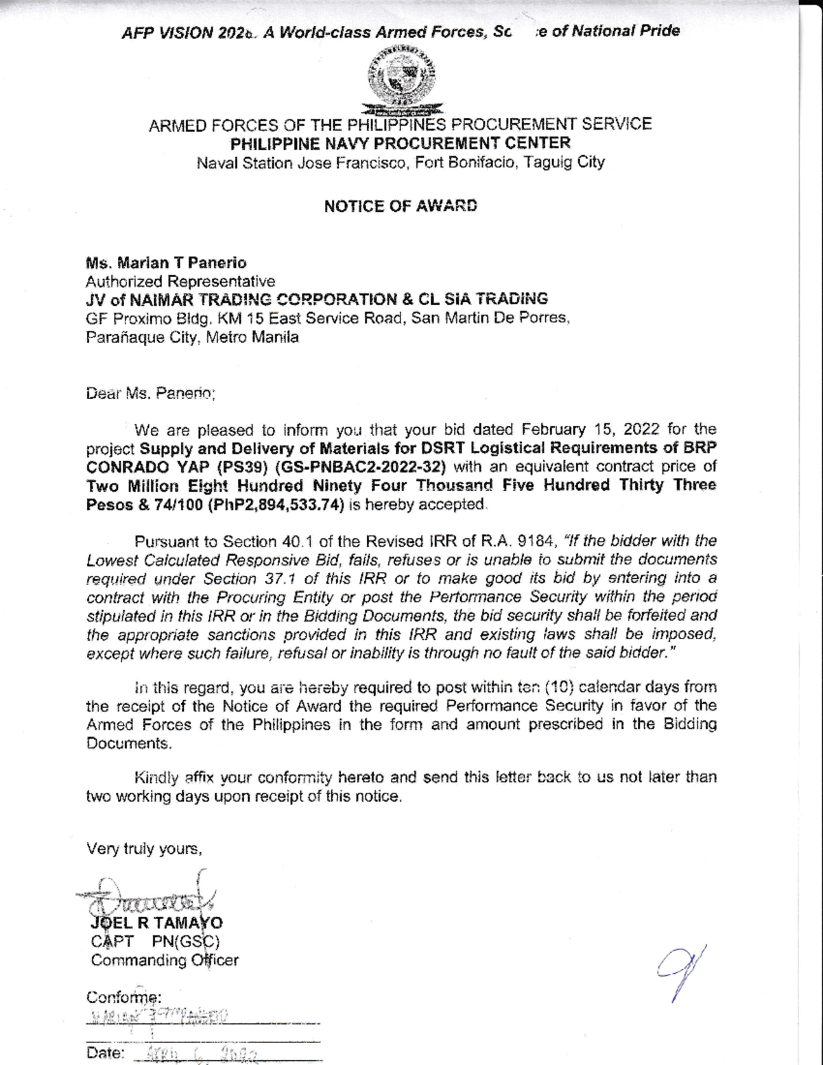 Notice of Award - GS- Pnbac 2-2022-32 - I - AFP VISION 2A2a, A World ...