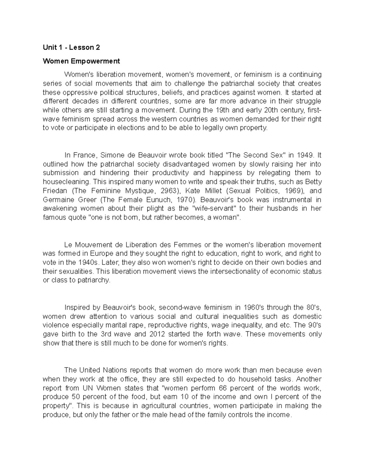 Women Empowerment - Unit 1 - Lesson 2 Women Empowerment Women's ...