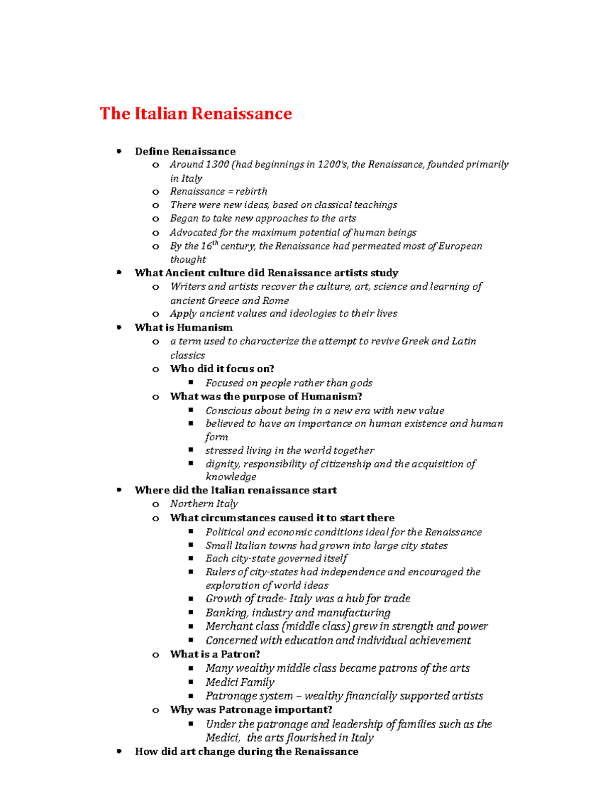 Lecture Notes Exam 4 - The Italian Renaissance Define Renaissance o ...