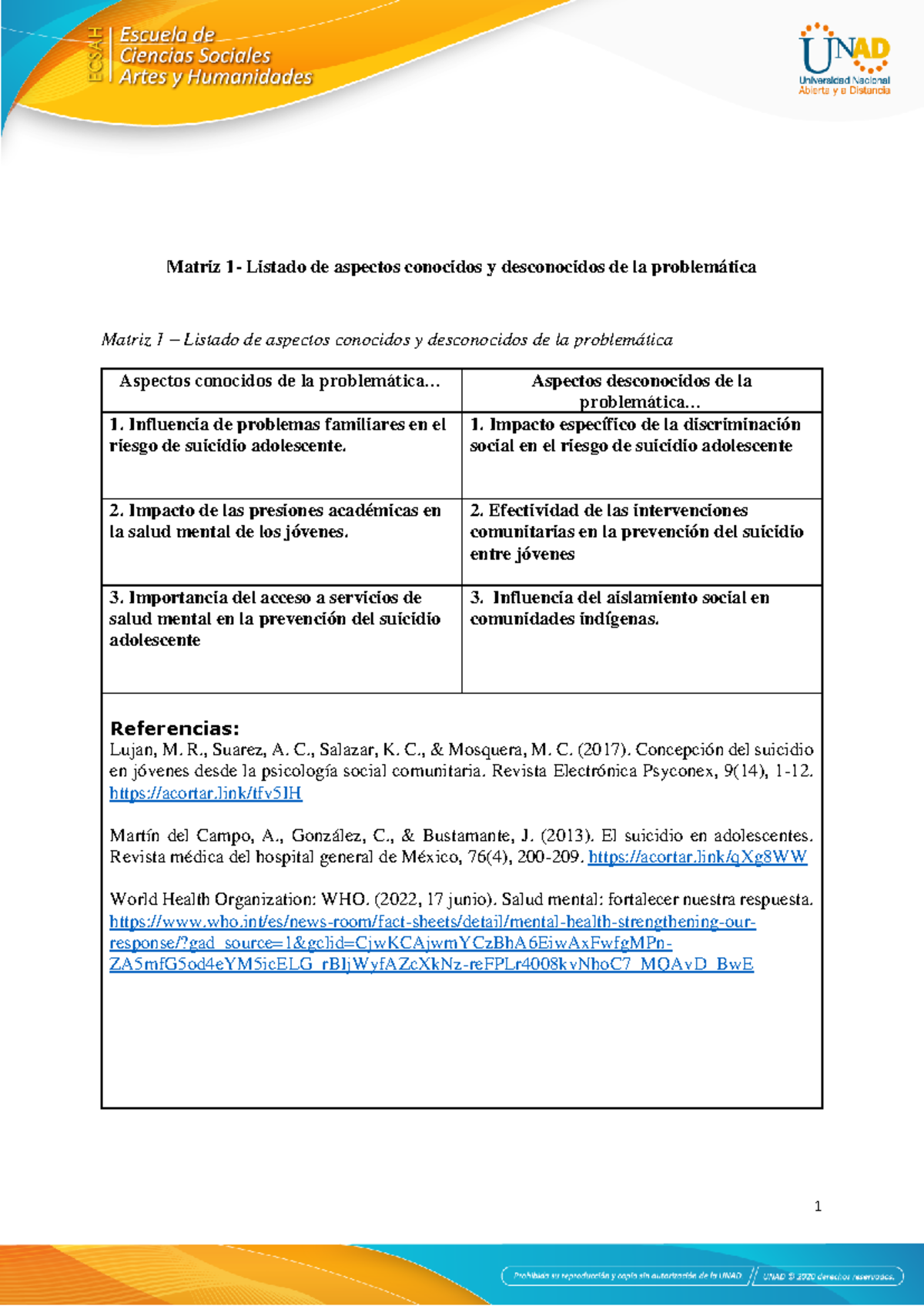 Matriz 1- Listado de aspectos conocidos y desconocidos de la ...