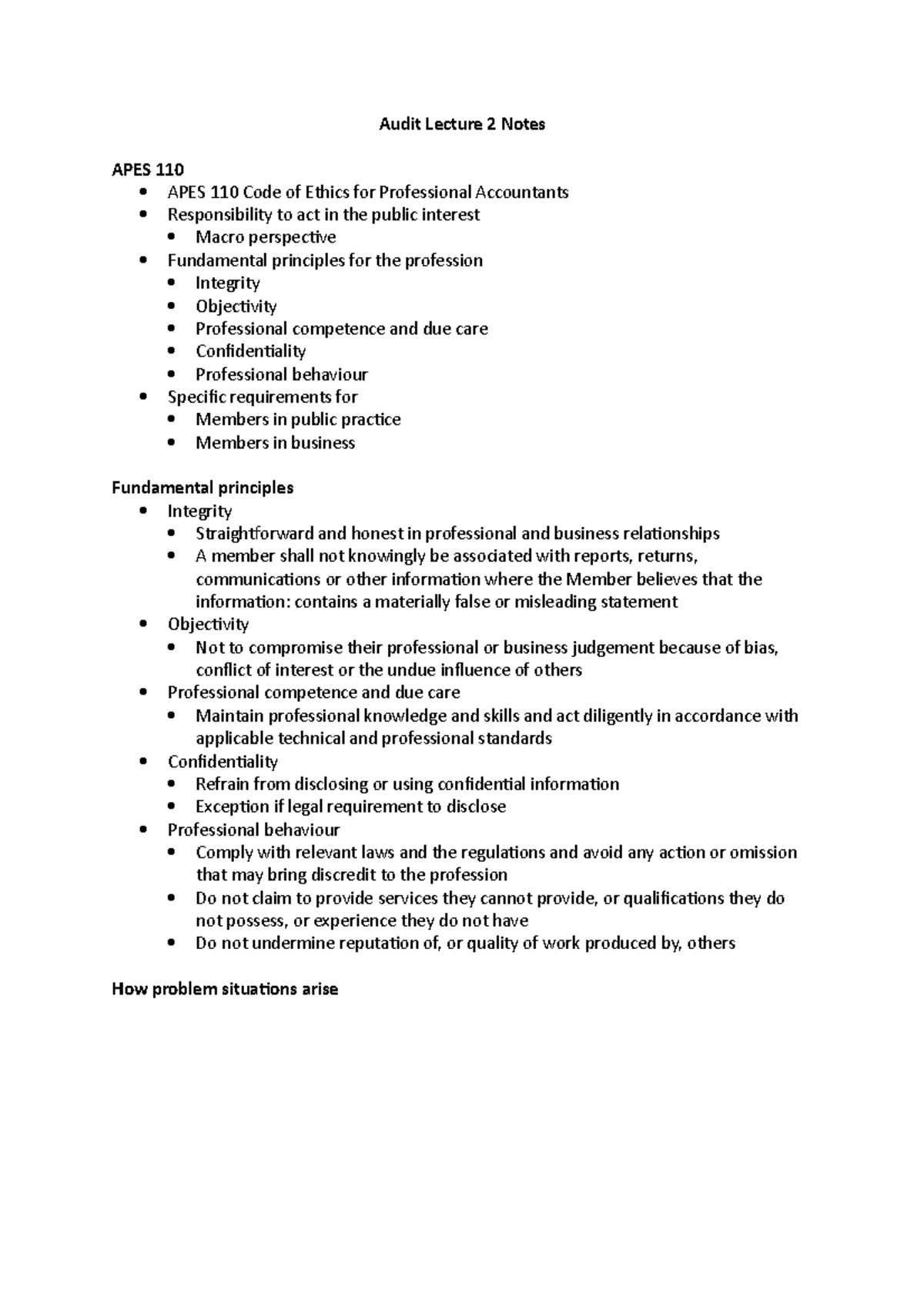 Audit Lecture 2 Notes Audit Lecture 2 Notes Apes 110 Apes 110 Code Of Ethics For Professional
