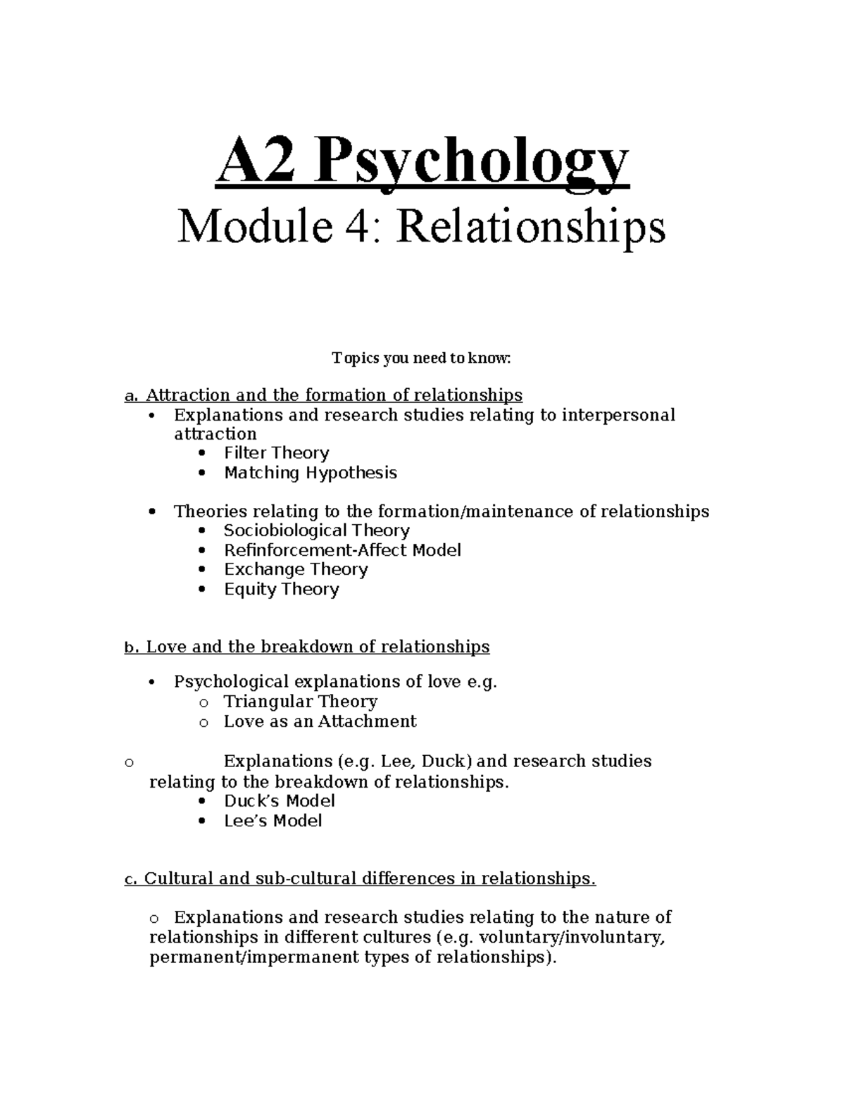 Summary of Relationships module - A2 Psychology Module 4: Relationships ...