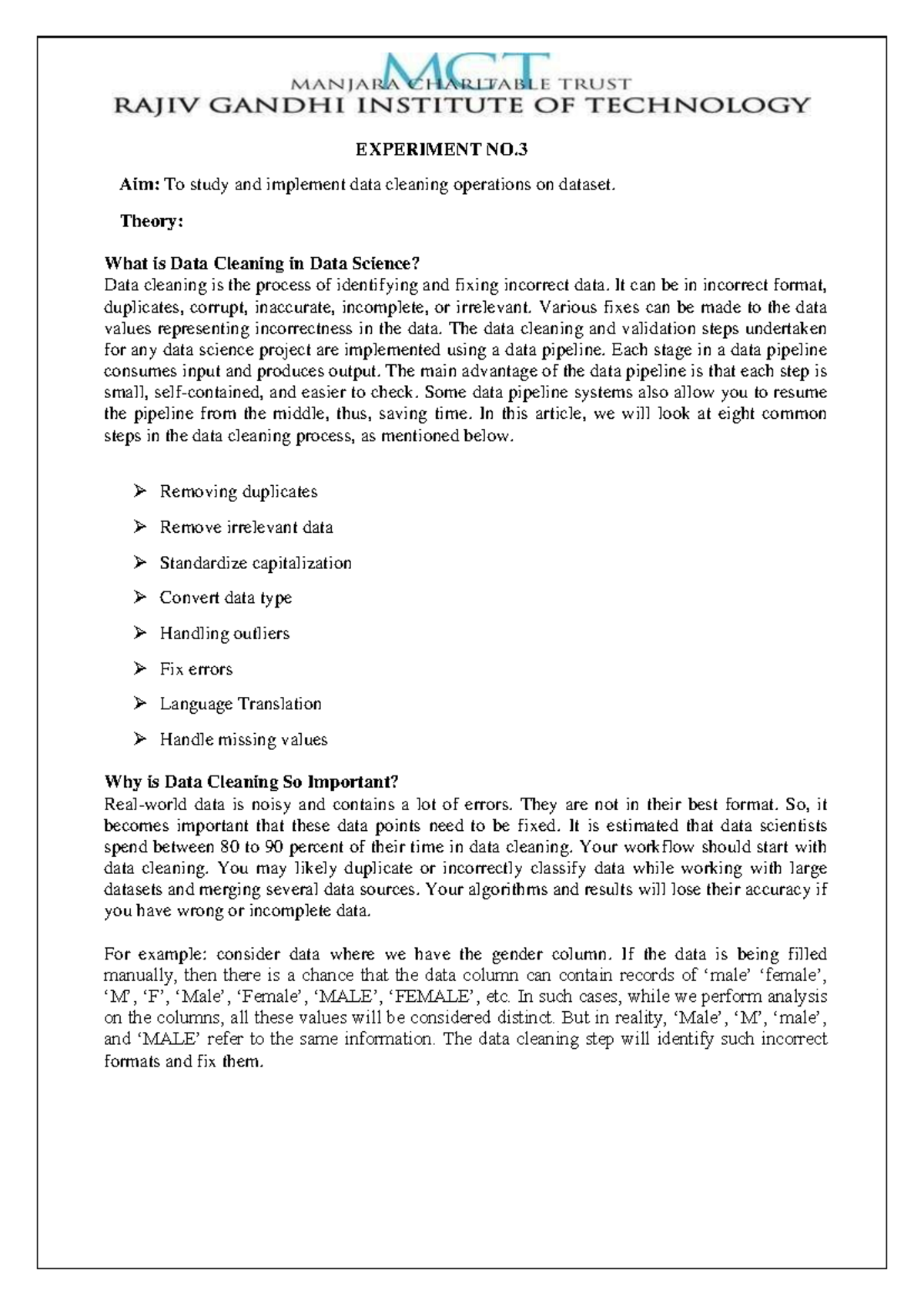 Exp3SMA78 - Sma lab exp - EXPERIMENT NO. Aim: To study and implement data cleaning operations on ...