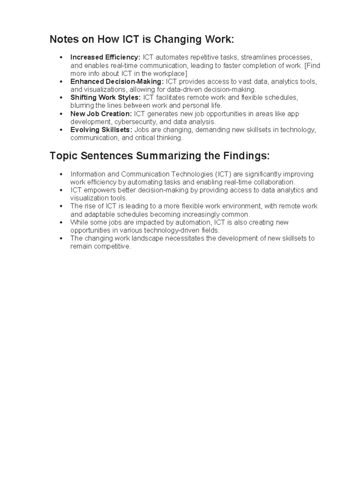 Notes on How ICT is Changing Work - [Find more info about ICT in the ...