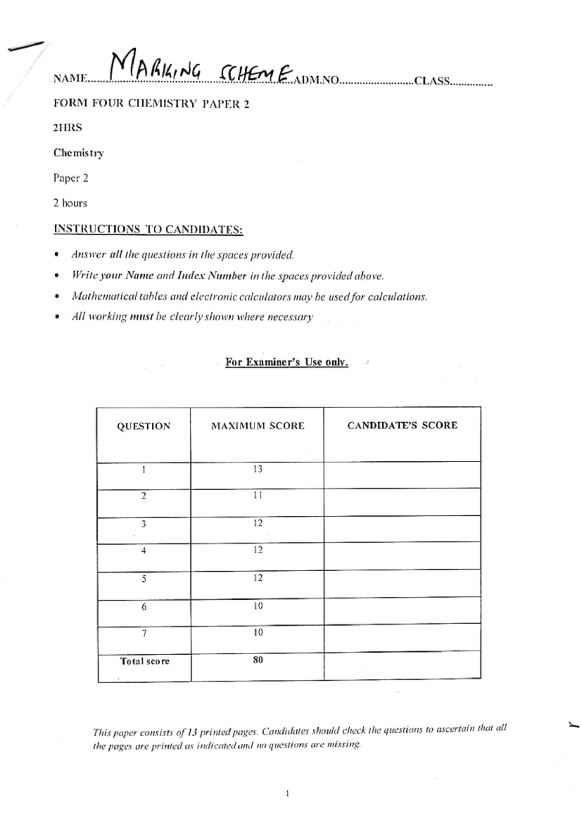 2260 form 4 chemistry paper 2 end of term 1 examination 2024 answers ...