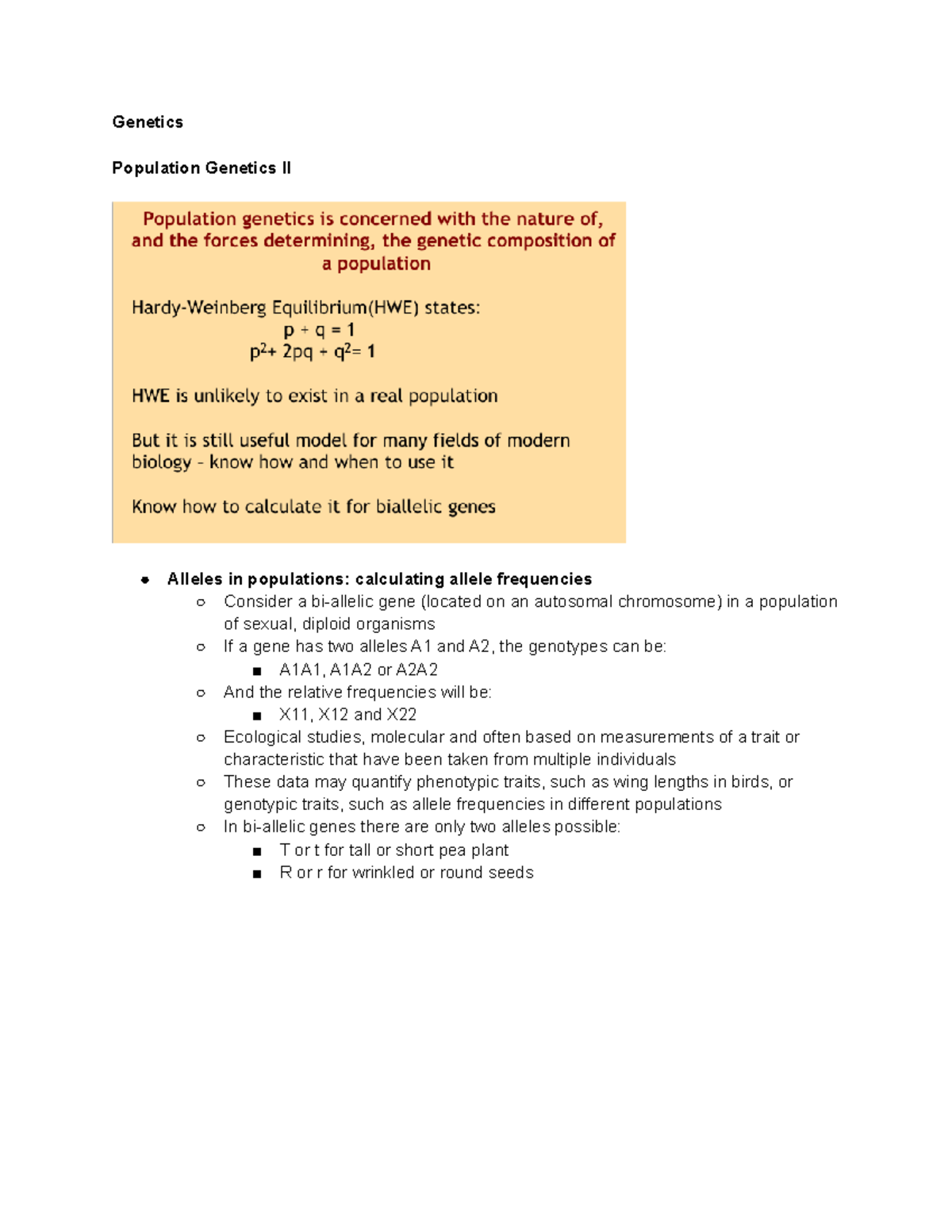 Lecture 21 Population Genetics II - Genetics Population Genetics II ...