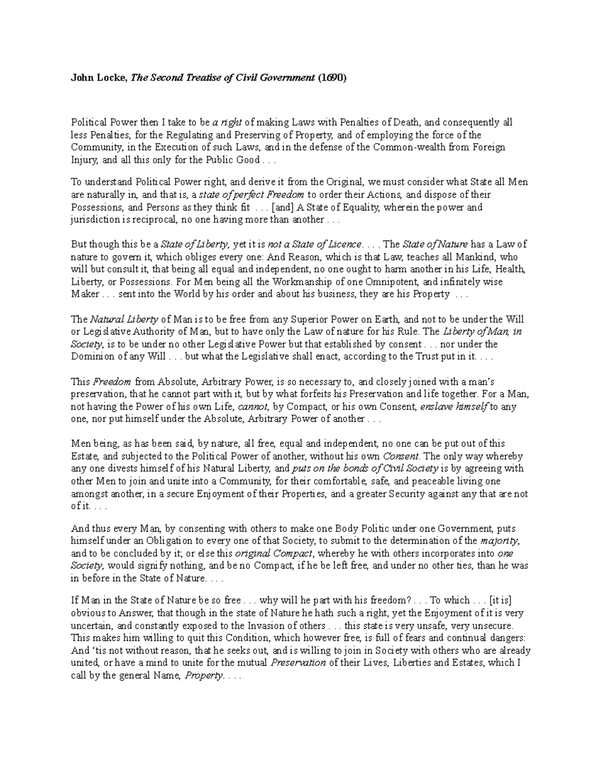 2 Locke Second Treatiseon Government - John Locke, The Second Treatise ...