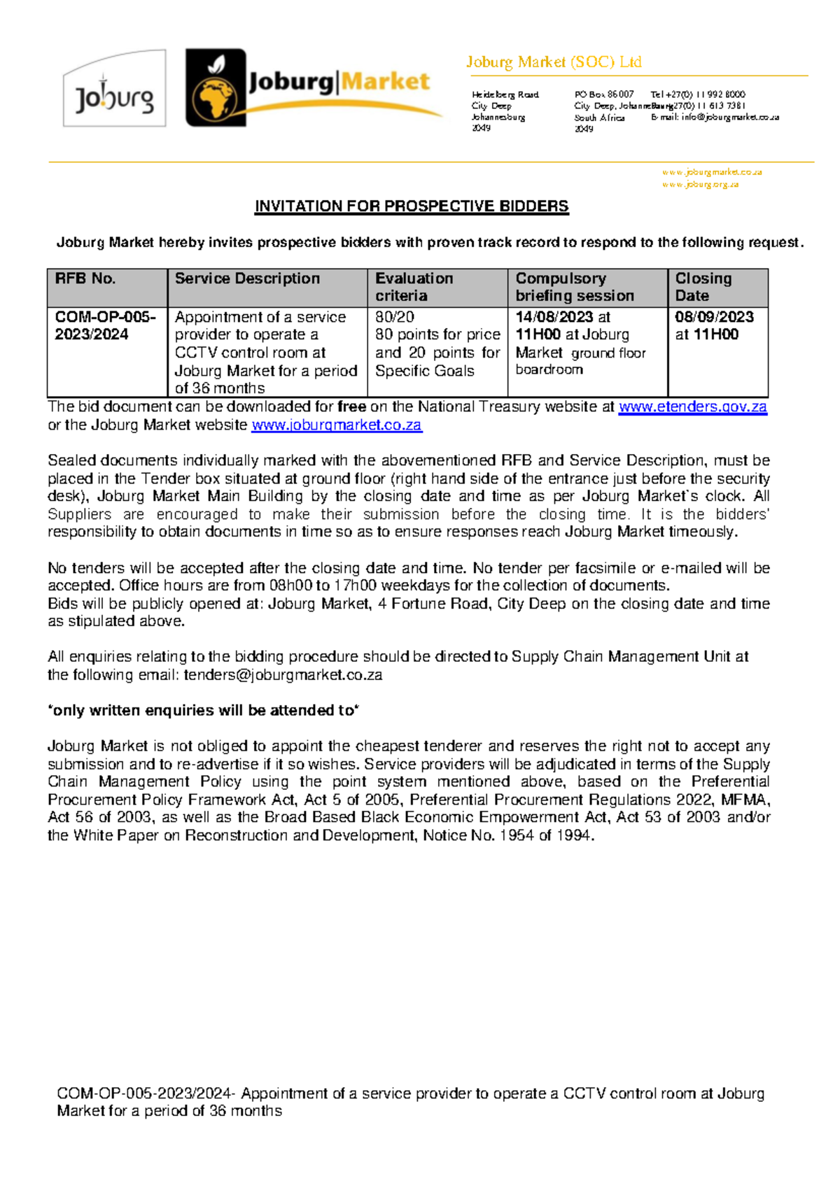 Tender Document CCTV Control ROOM - ####### joburgmarket.co ...
